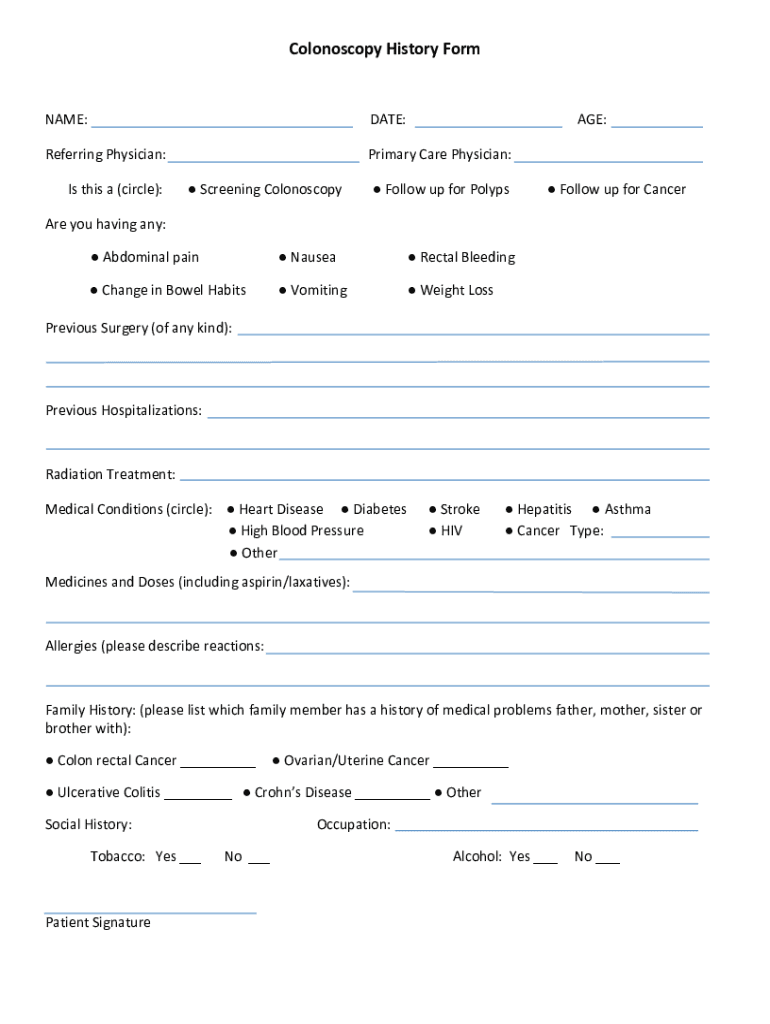 Fillable Online Colonoscopy History Form.docx Fax Email Print - pdfFiller