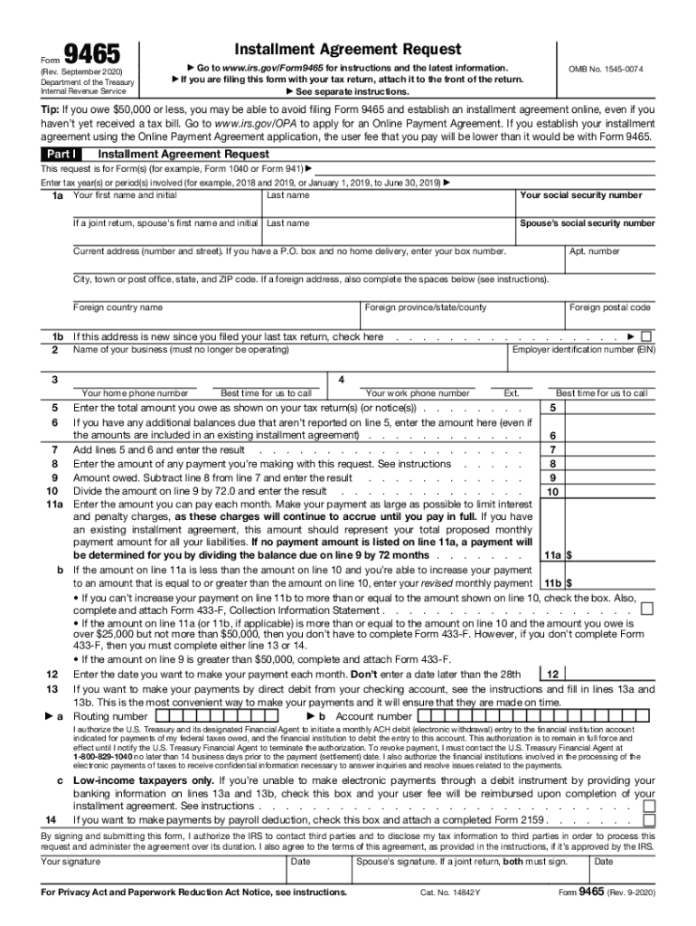 Fillable Online Form 9465 (Rev. September 2020). Installment Agreement ...