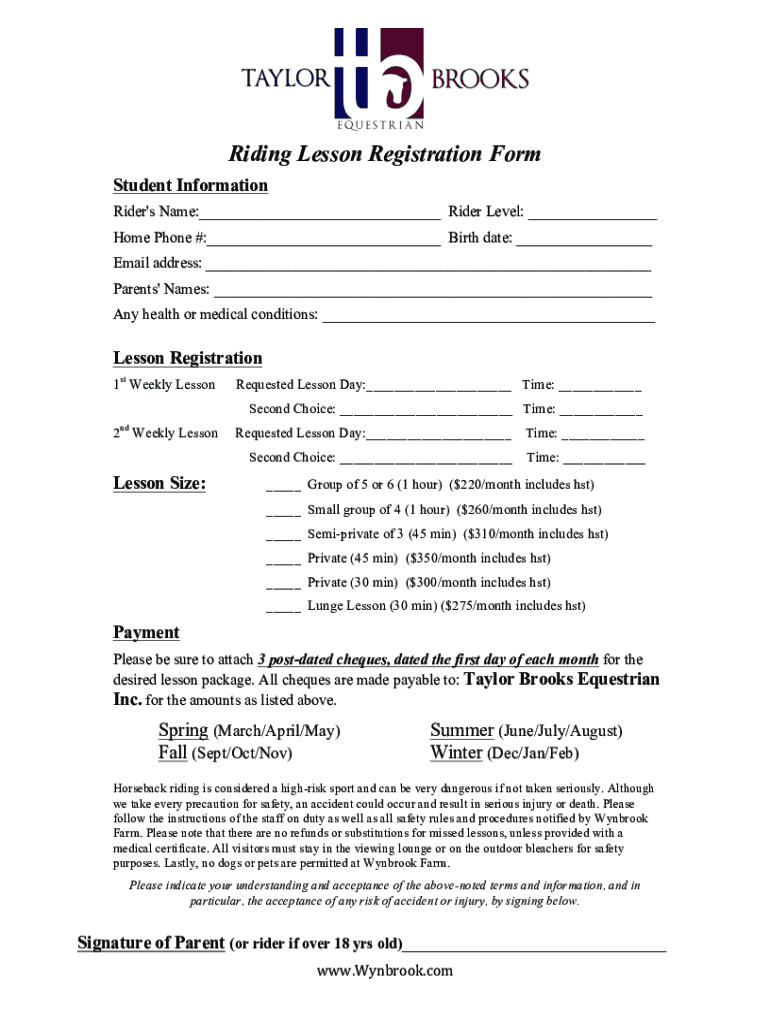 Fillable Online Lesson Registration Form.docx Fax Email Print - pdfFiller