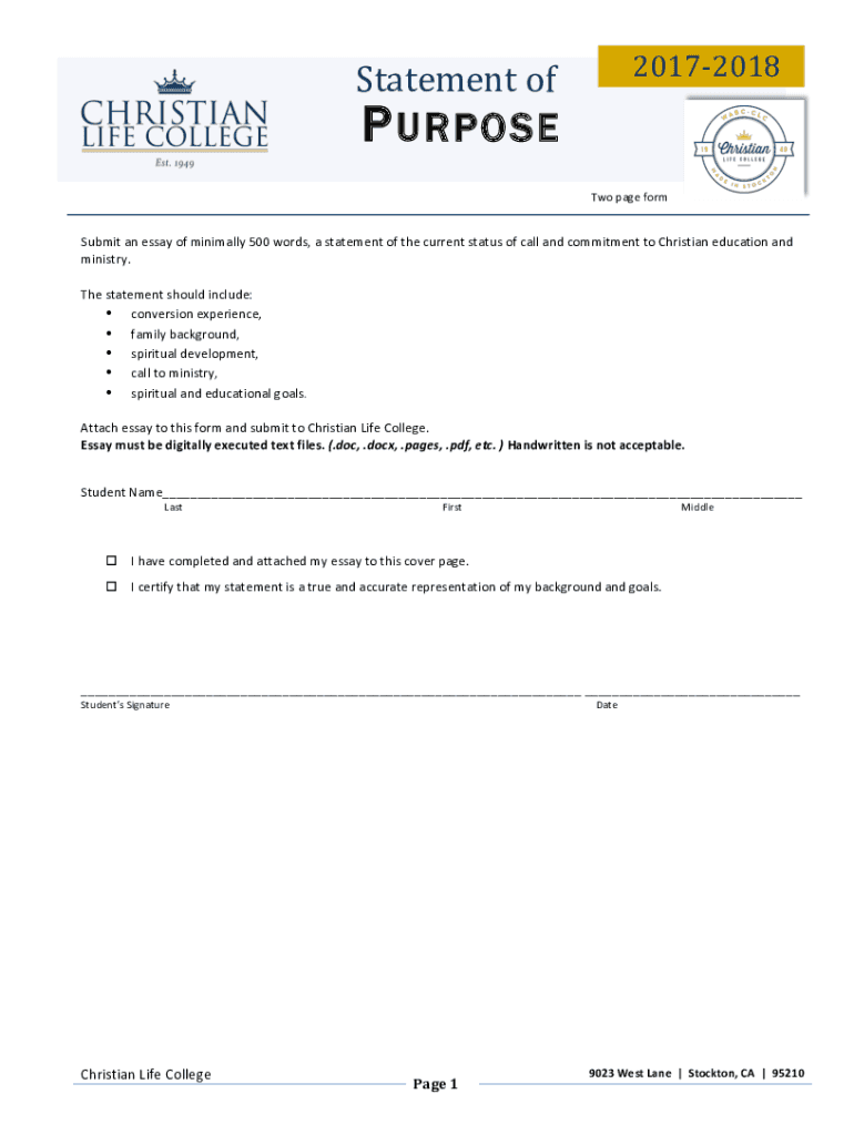 Fillable Online 2017 - 2018 Statement of Purpose Form.docx Fax Email ...