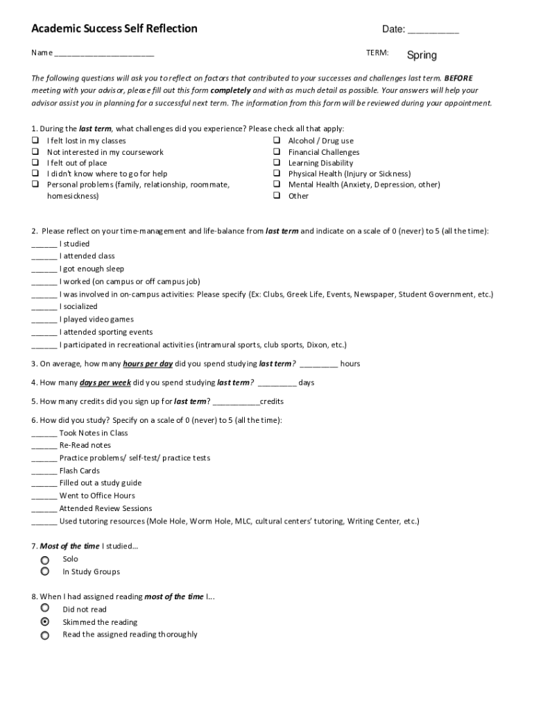 Fillable Online Academic Success Self Reflection Fax Email Print - pdfFiller