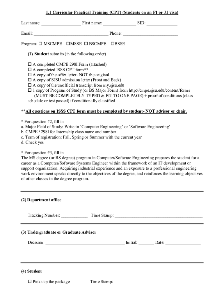 Fillable Online cmpe sjsu 1 Curricular Practical Training (CPT ...