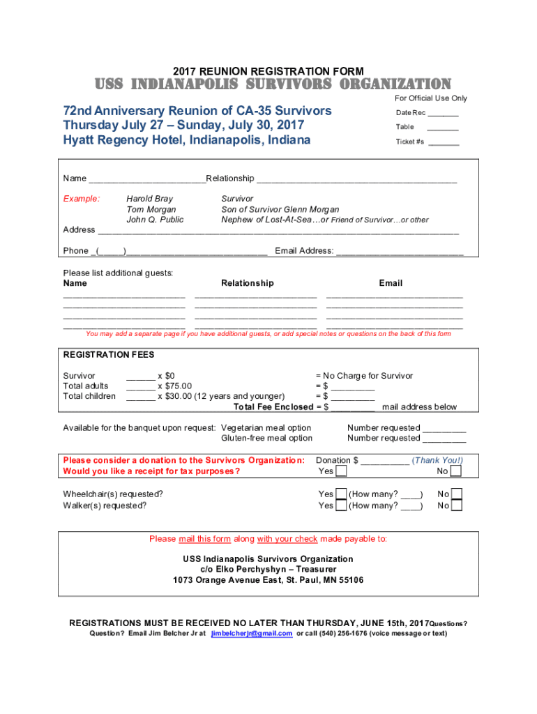 Fillable Online 2017 REUNION REGISTRATION FORM Fax Email Print - pdfFiller
