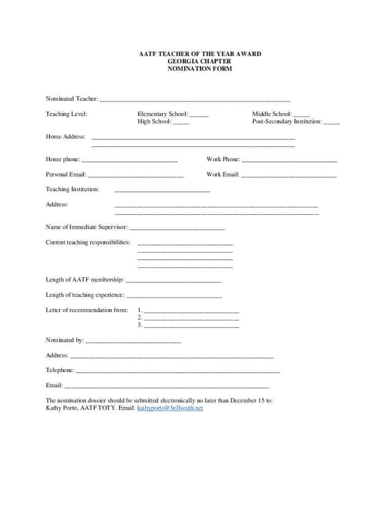 Fillable Online AATF TEACHER OF THE YEAR AWARD Fax Email Print - pdfFiller