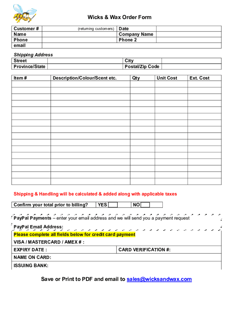 Fillable Online Wicks & Wax Order Form Fax Email Print - pdfFiller