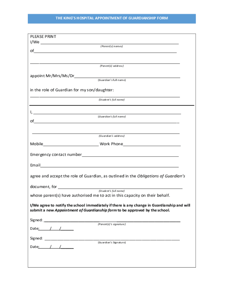 Fillable Online THE KINGS HOSPITAL APPOINTMENT OF GUARDIANSHIP FORM Fax ...