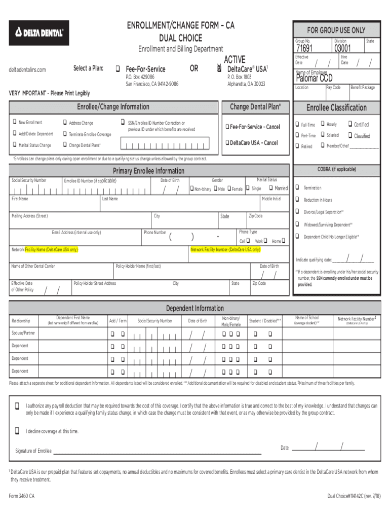 Fillable Online www2 palomar ENROLLMENT/CHANGE FORM CA Fax Email Print ...