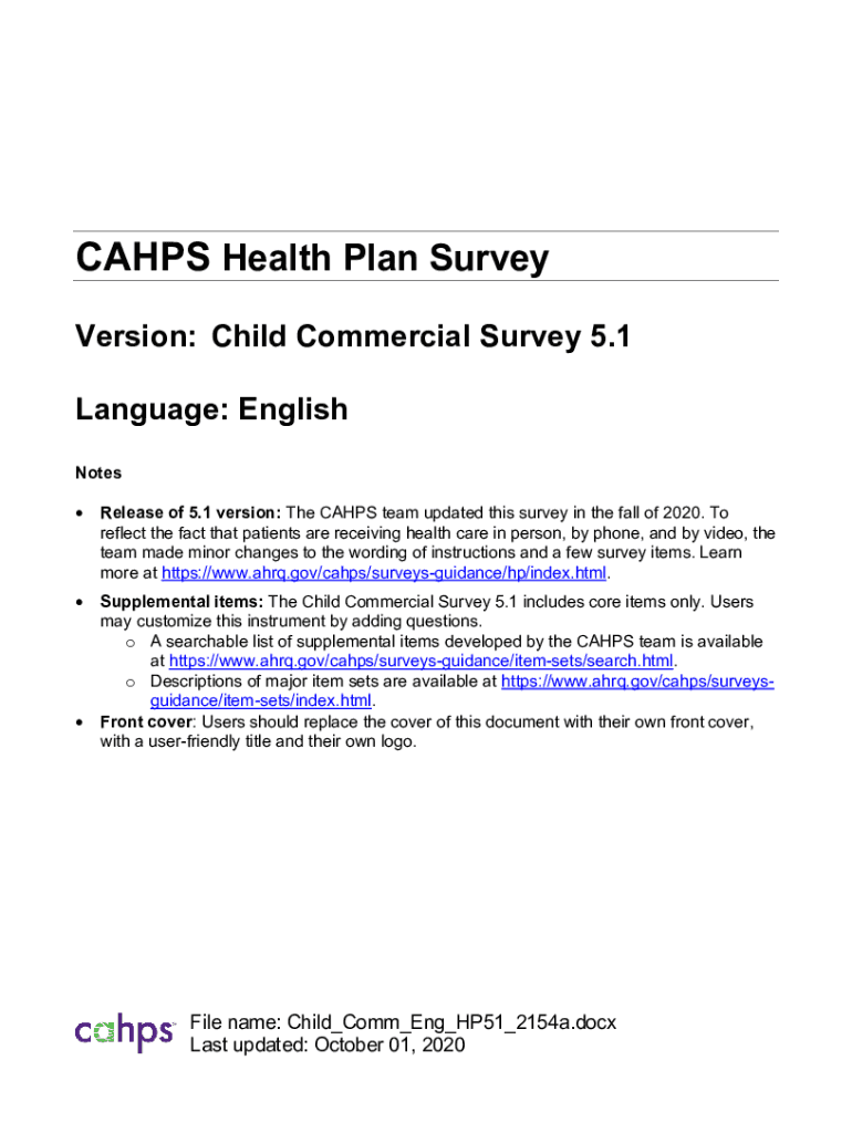 Fillable Online CAHPS Health Plan Survey Child Commercial Survey 5.1 ...