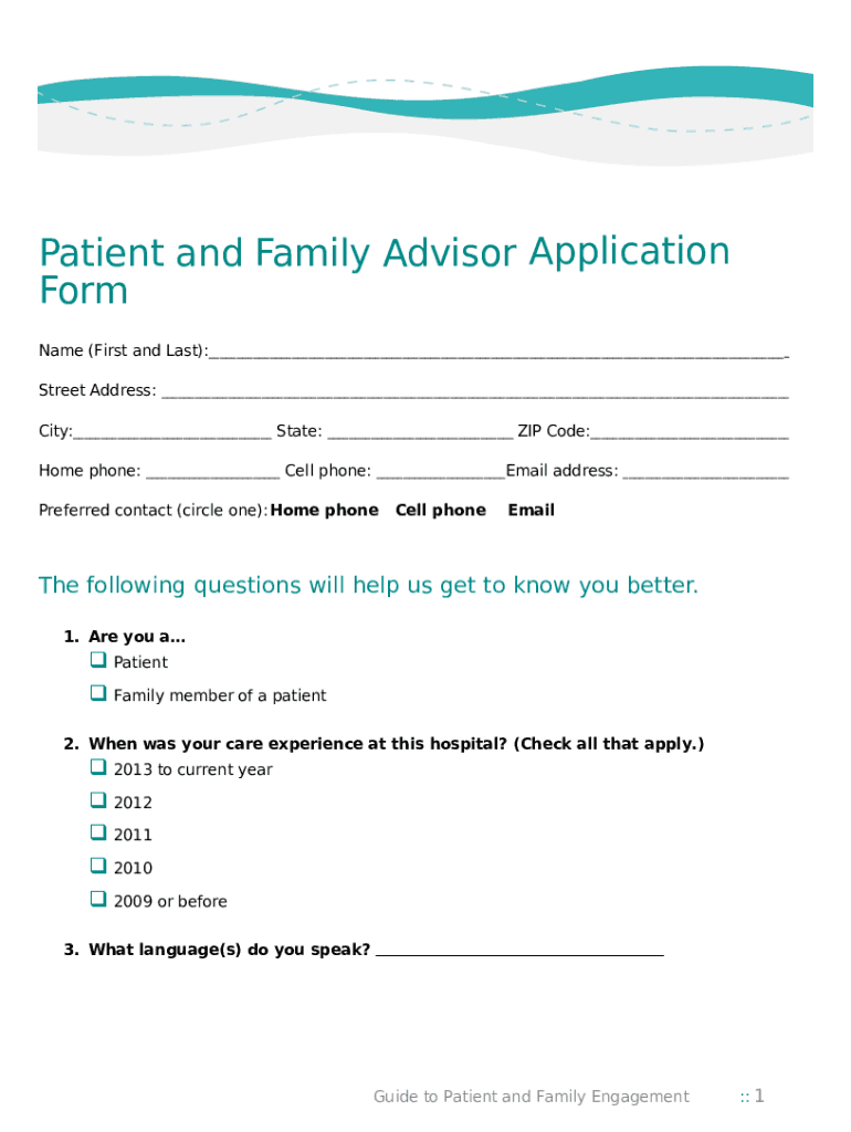 Strategy 1. Patient and Family Advisor Application Doc Template | pdfFiller