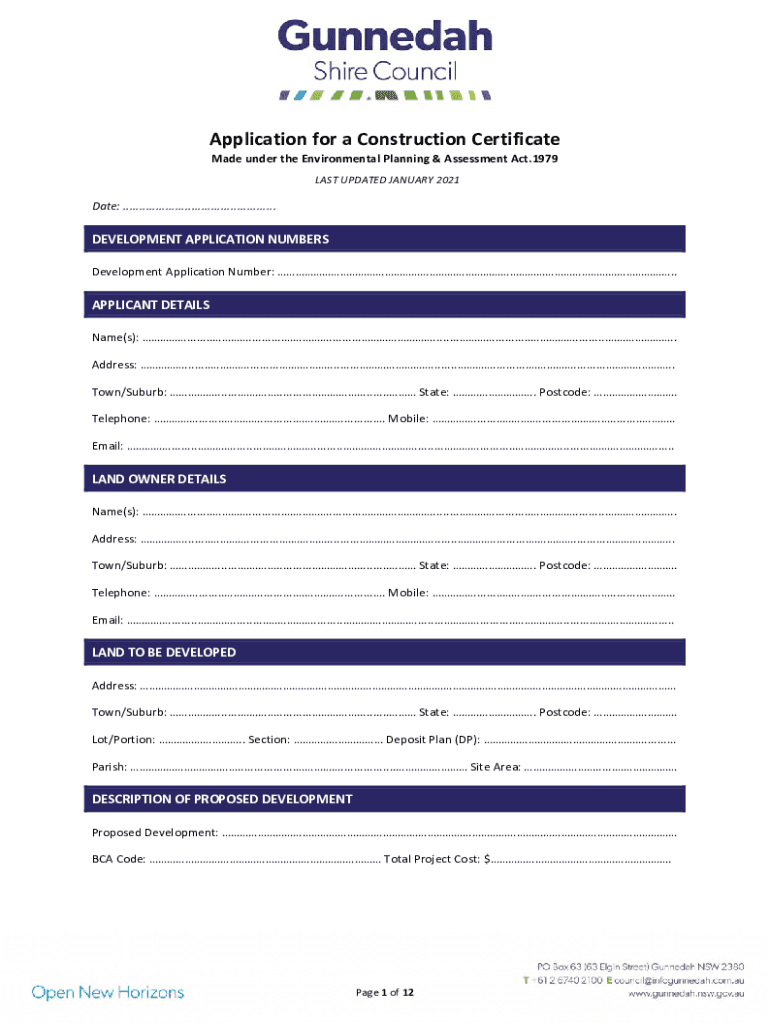 Fillable Online gunnedah nsw gov Form - Construction Certificate Application Fax Email Print ...
