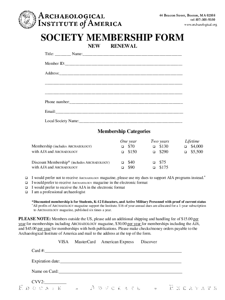 Fillable Online Join the AIA - Become a Society Member - Archaeological ...