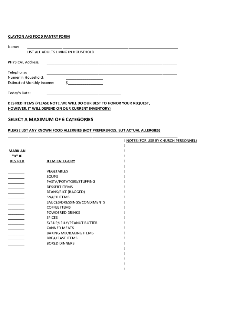 Fillable Online Food Pantry Form.xlsx Fax Email Print - pdfFiller