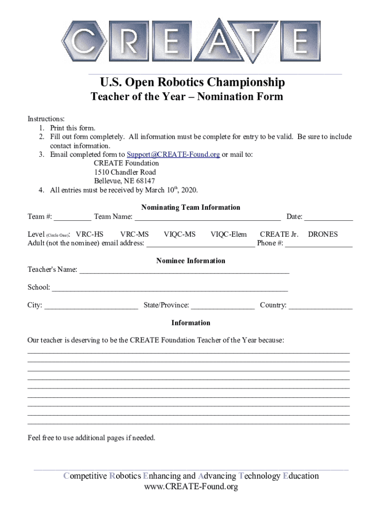 Fillable Online Teacher of the Year Nomination Form Fax Email Print ...