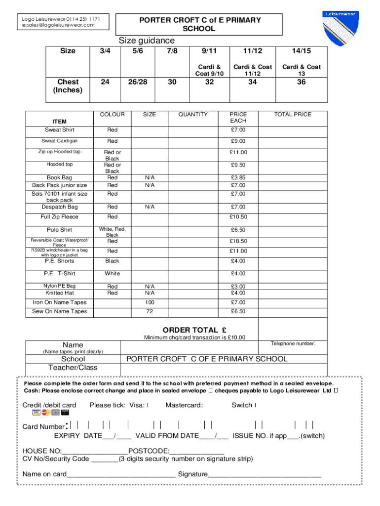 Fillable Online PDF uniform order form - Porter Croft C of E Primary ...