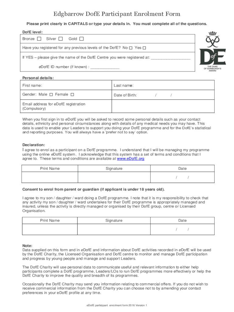 Fillable Online edgbarrowschool co Edgbarrow DofE Participant Enrolment ...