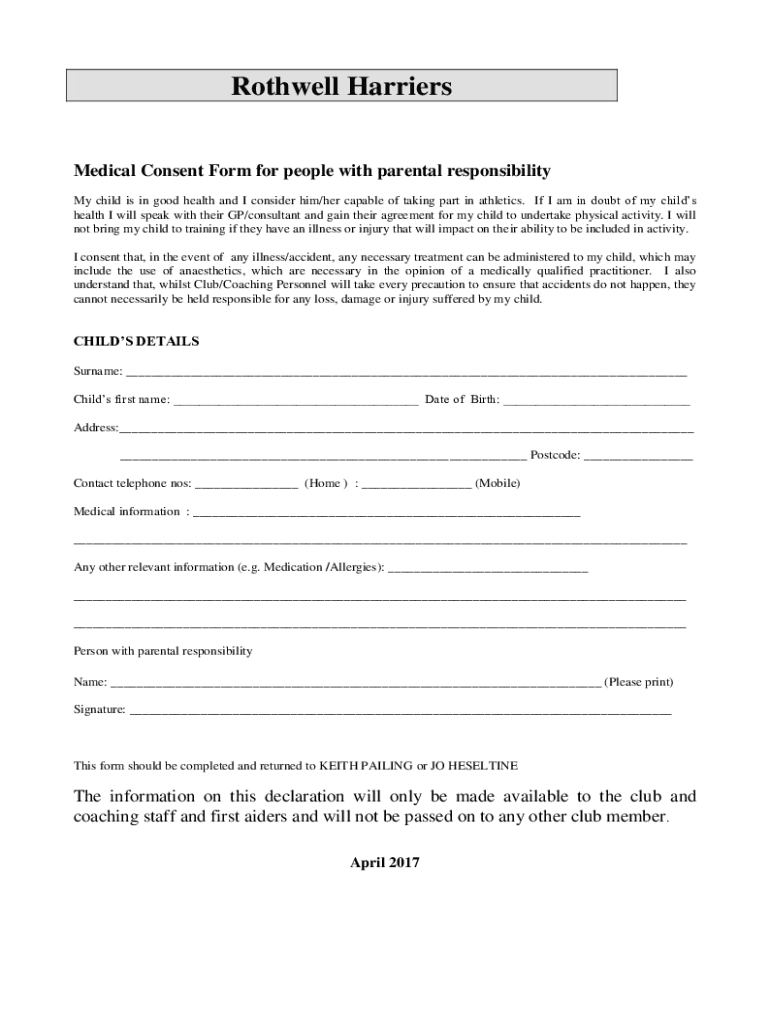 Fillable Online rothwellharriers org Health Home Consent Information ...