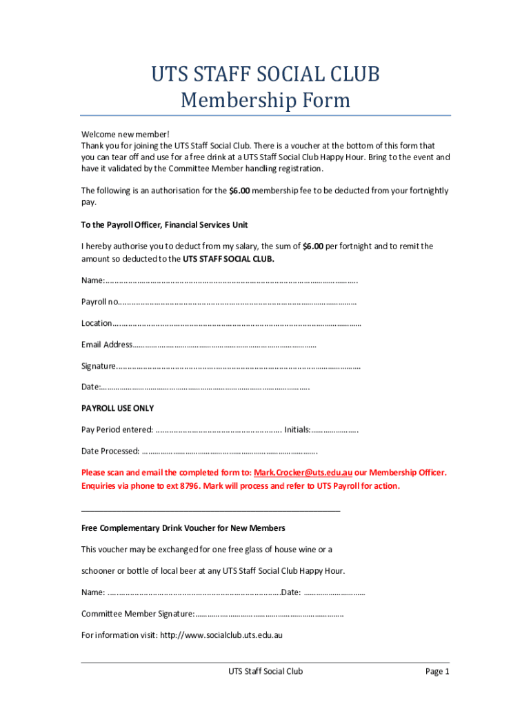 Fillable Online socialclub uts edu UTS Staff Social Club Membership ...
