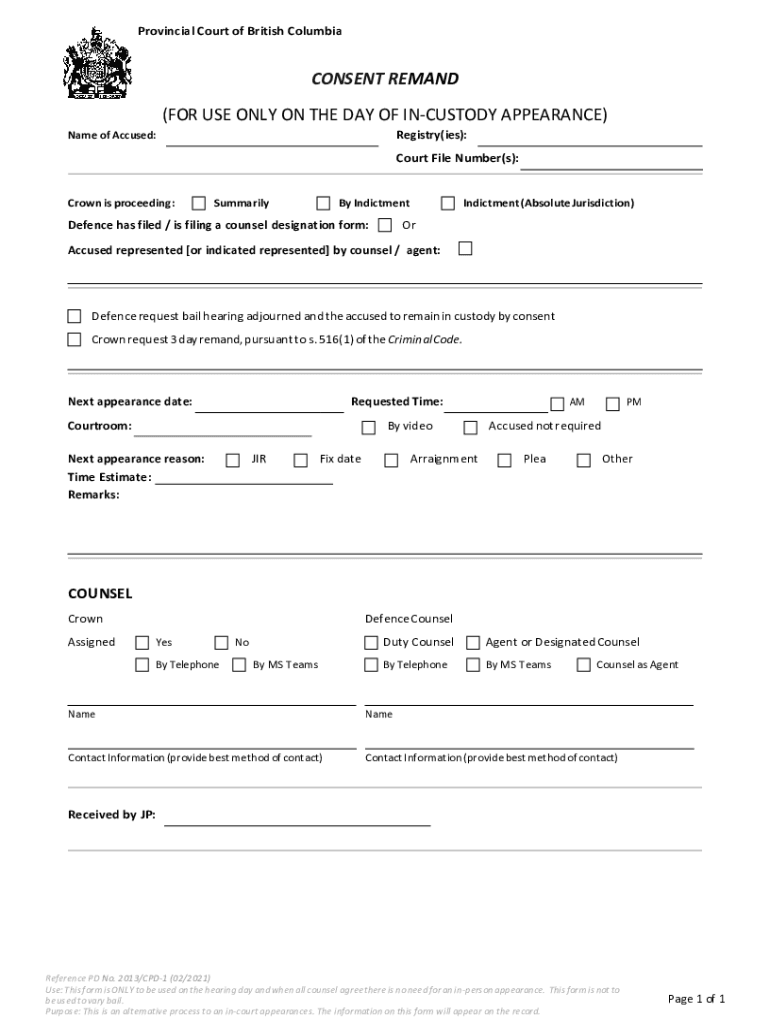 Fillable Online Consent Remand Form - Provincial Court of BC ...