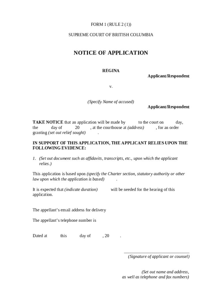 Notice of Application, 1, Rule 2(1)) Doc Template | pdfFiller