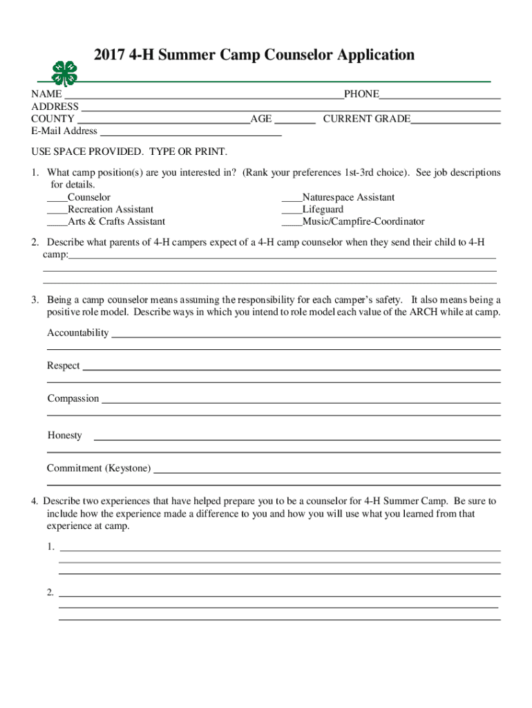 Fillable Online bayfield uwex 4-H Summer Camp Staff Application - Airfield Conference ... Fax ...