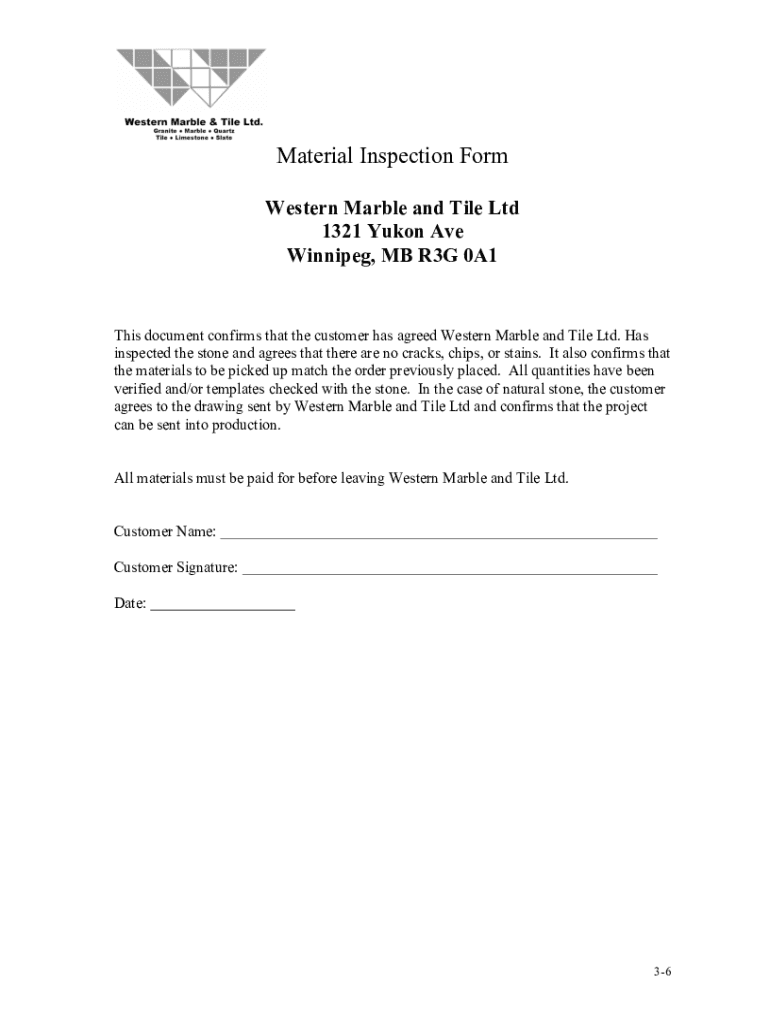 Fillable Online Material Inspection Form - Western Marble Granite ...