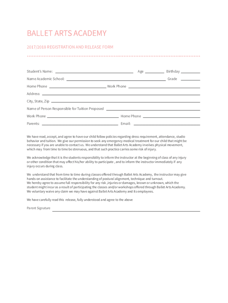 Fillable Online Over 50 years of Professional Dance Instruction - Ballet Arts Fax Email Print ...