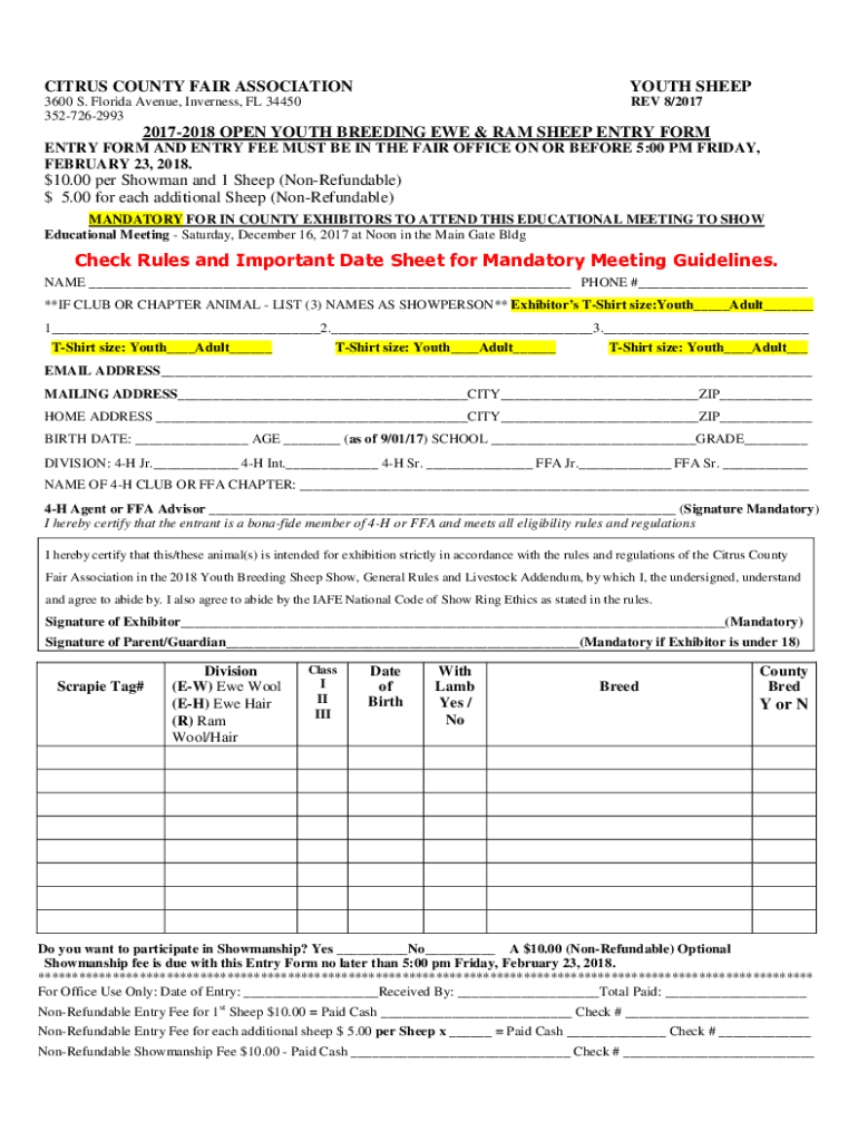 Fillable Online Sheep Entry Form - 2017-2018 Fax Email Print - pdfFiller