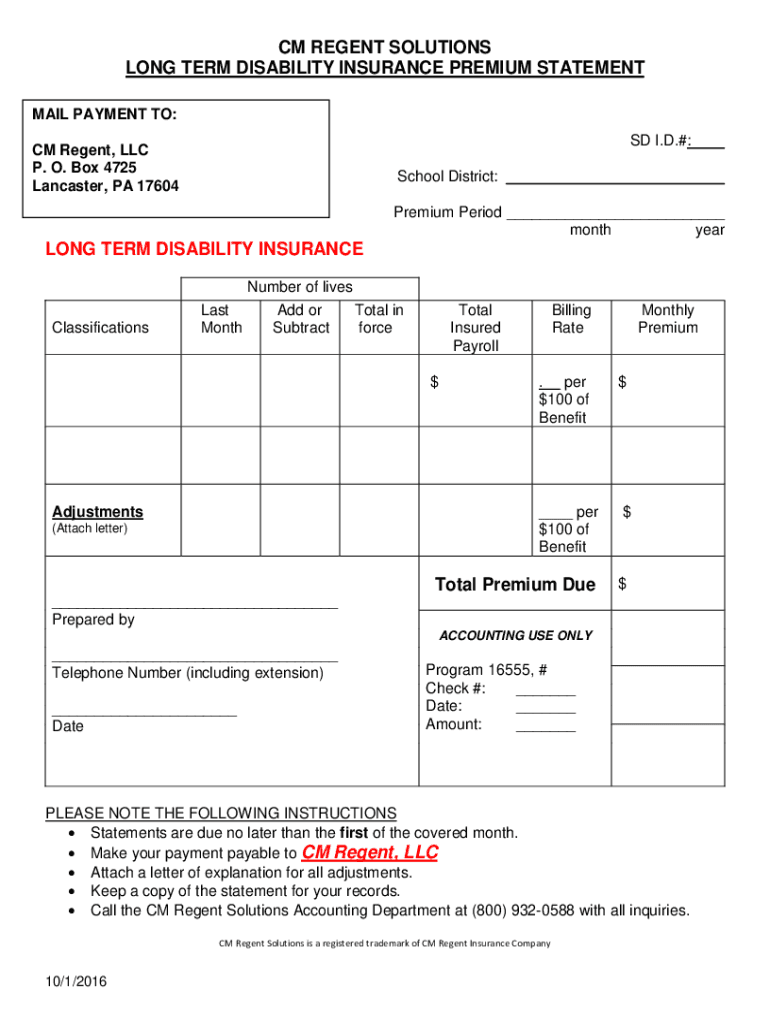 Fillable Online LONG TERM DISABILITY INSURANCE PREMIUM STATEMENT Fax ...