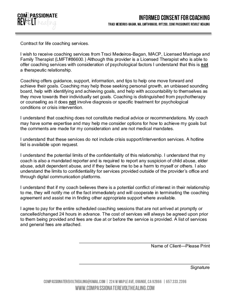 Fillable Online Coaching Client Agreement and Informed ConsentMMC ...