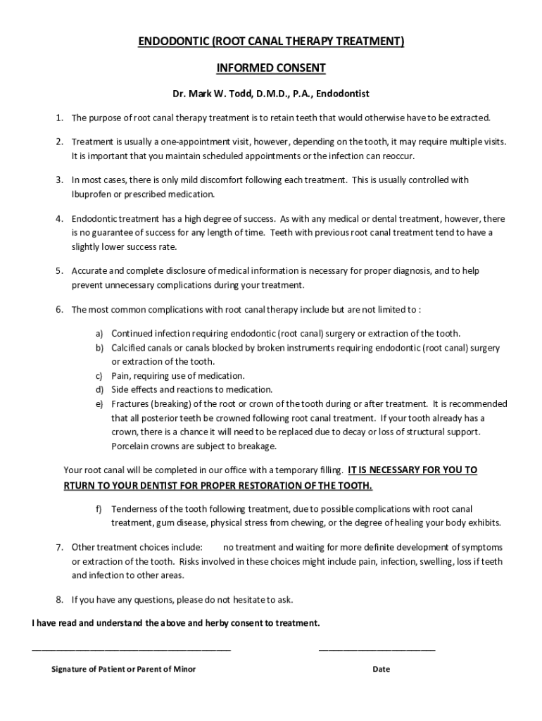 Fillable Online ENDODONTIC (ROOT CANAL THERAPY TREATMENT) Fax Email ...