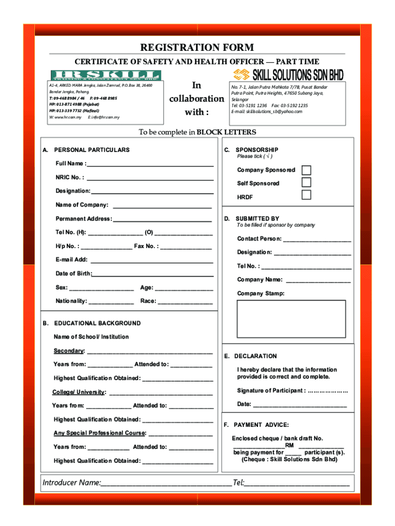 Fillable Online CERTIFICATE OF SAFETY AND HEALTH OFFICER - SHO Duration ...