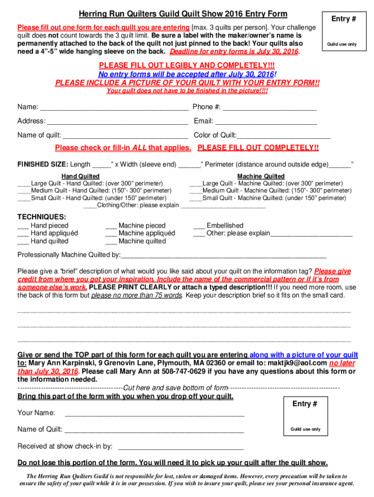 Fillable Online 2020 Quilt Show Entry Form and Instructions - MOUNTAIN ...