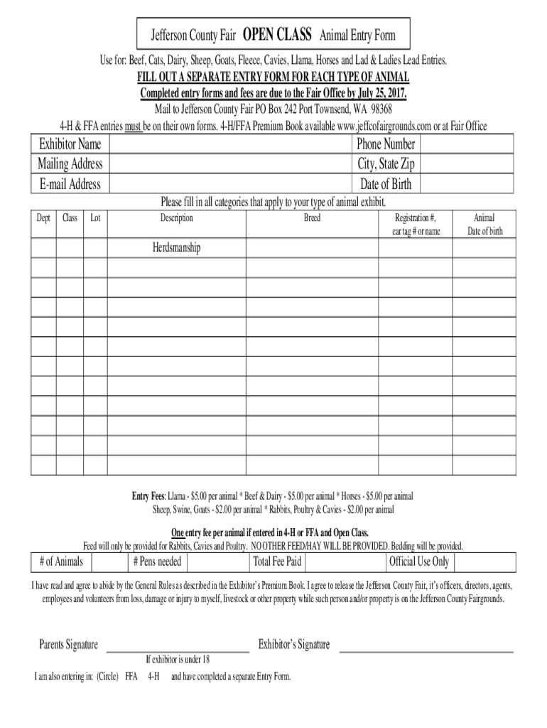 Fillable Online LIVESTOCK ENTRY FORM 63rd Annual Jefferson County Fair ...