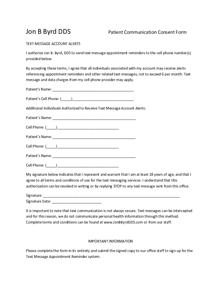 Fillable Online Jon B Byrd DDS Patient Communication Consent Form Fax ...