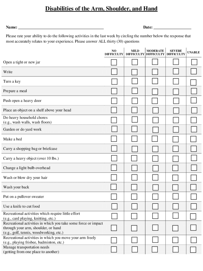 Fillable Online Disabilities of the Arm, Shoulder, and Hand (DASH) Name ...
