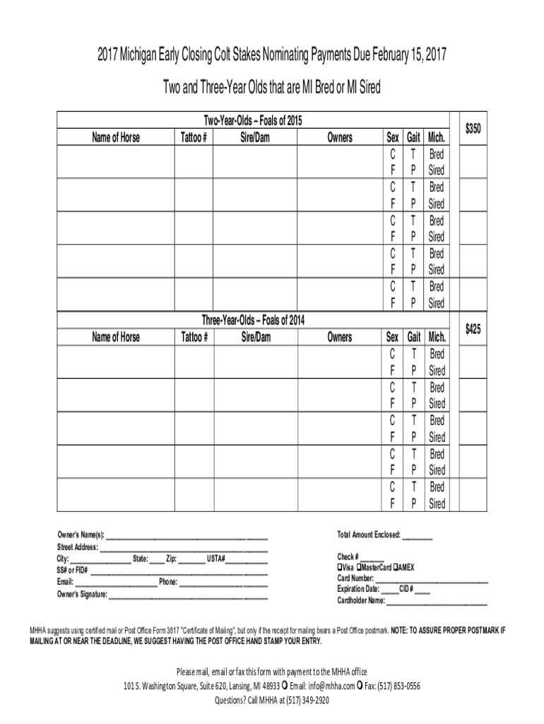 Fillable Online 2017 Michigan Early Closing Colt Stakes Nominating Form ...