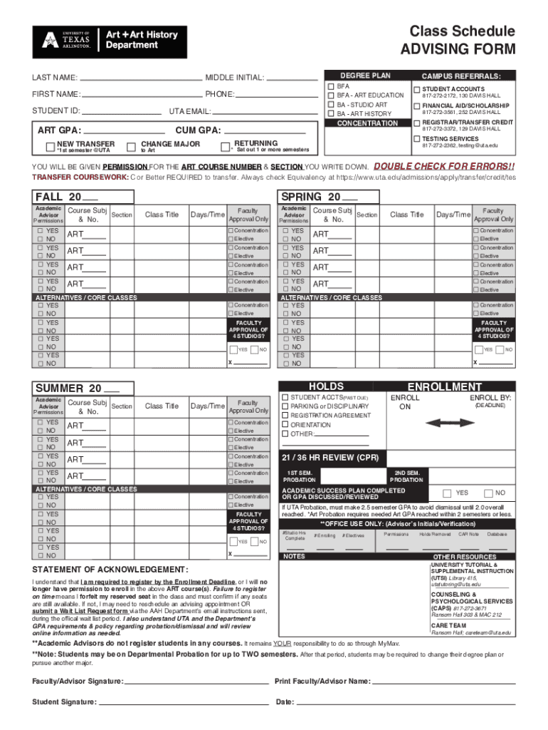 Fillable Online ADVISING FORM Fill In Multi-Semester 2020 Fax Email ...