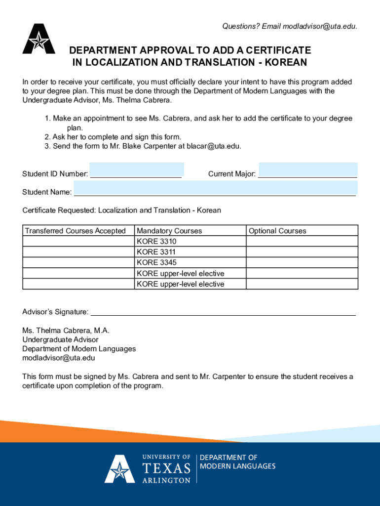 Fillable Online DEPARTMENT APPROVAL TO ADD A CERTIFICATE IN ...