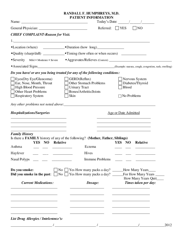 Fillable Online CHIEF COMPLAINT-Reason for Visit Fax Email Print ...