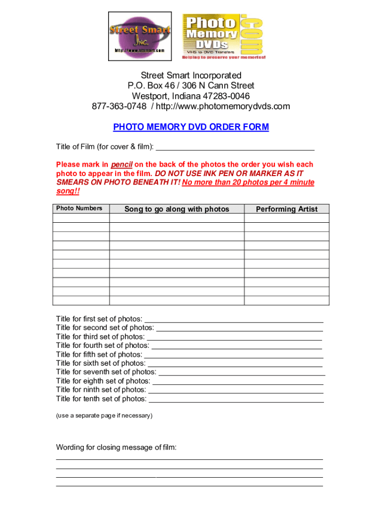 Fillable Online Photo Memory DVDs Photo Memory DVD Order Form. Photo ...