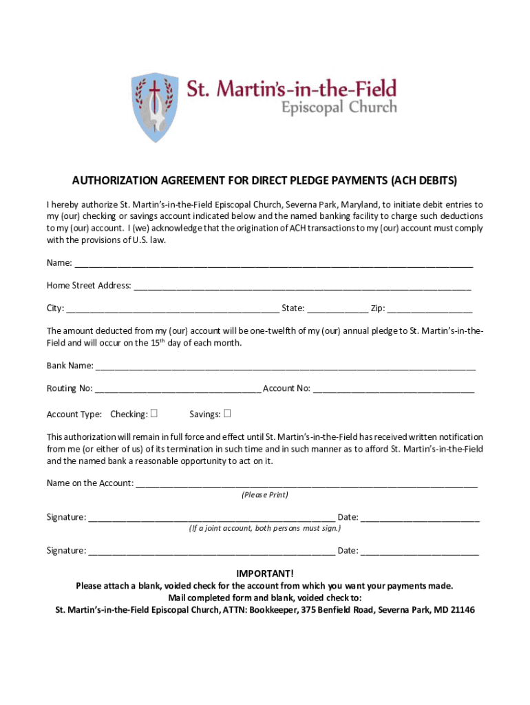 Fillable Online AUTHORIZATION AGREEMENT FOR DIRECT PLEDGE PAYMENTS (ACH DEBITS) Fax Email Print ...