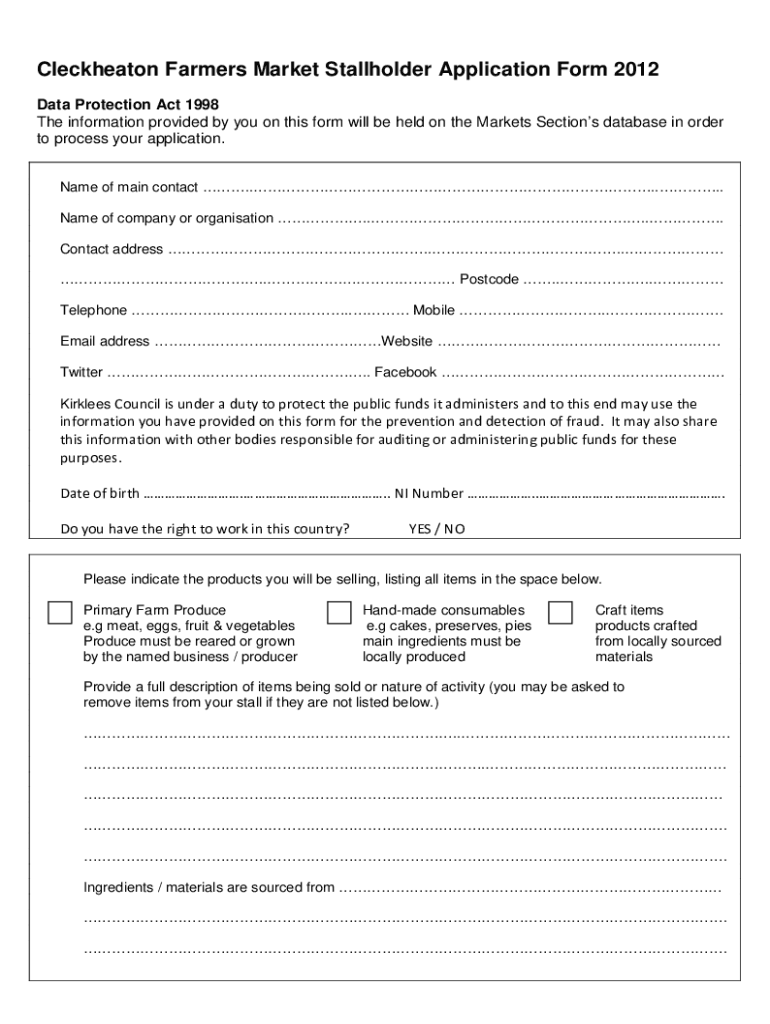 Fillable Online Cleckheaton Farmers Market Application Form 2012 ...