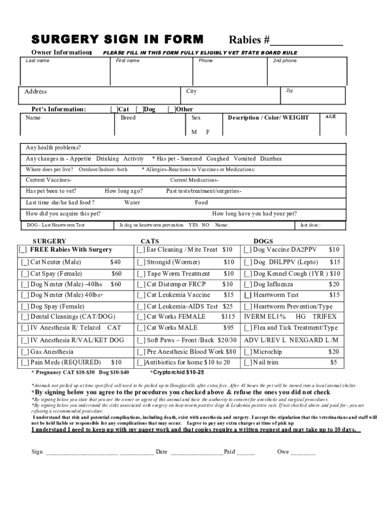 Fillable Online SURGERY SIGN IN FORM Fax Email Print - pdfFiller