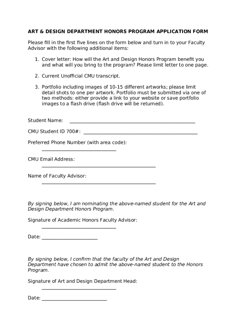 ART & DESIGN DEPARTMENT HONORS PROGRAM APPLICATION Doc Template | pdfFiller