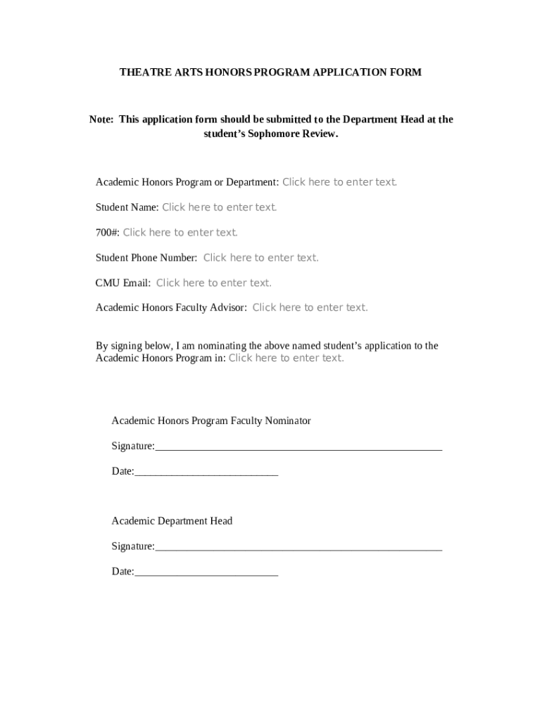 THEATRE ARTS HONORS PROGRAM APPLICATION Doc Template | pdfFiller