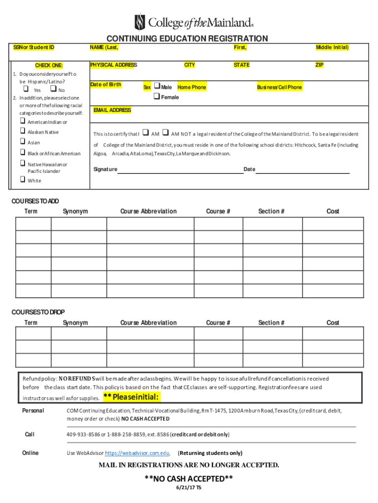 Fillable Online CCS Continuing Education NONCREDIT REGISTRATION FORM ...