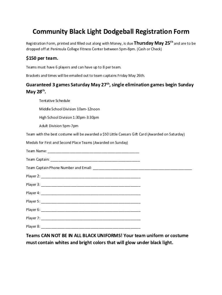 Fillable Online athletics pencol Community Black Light Dodgeball ...