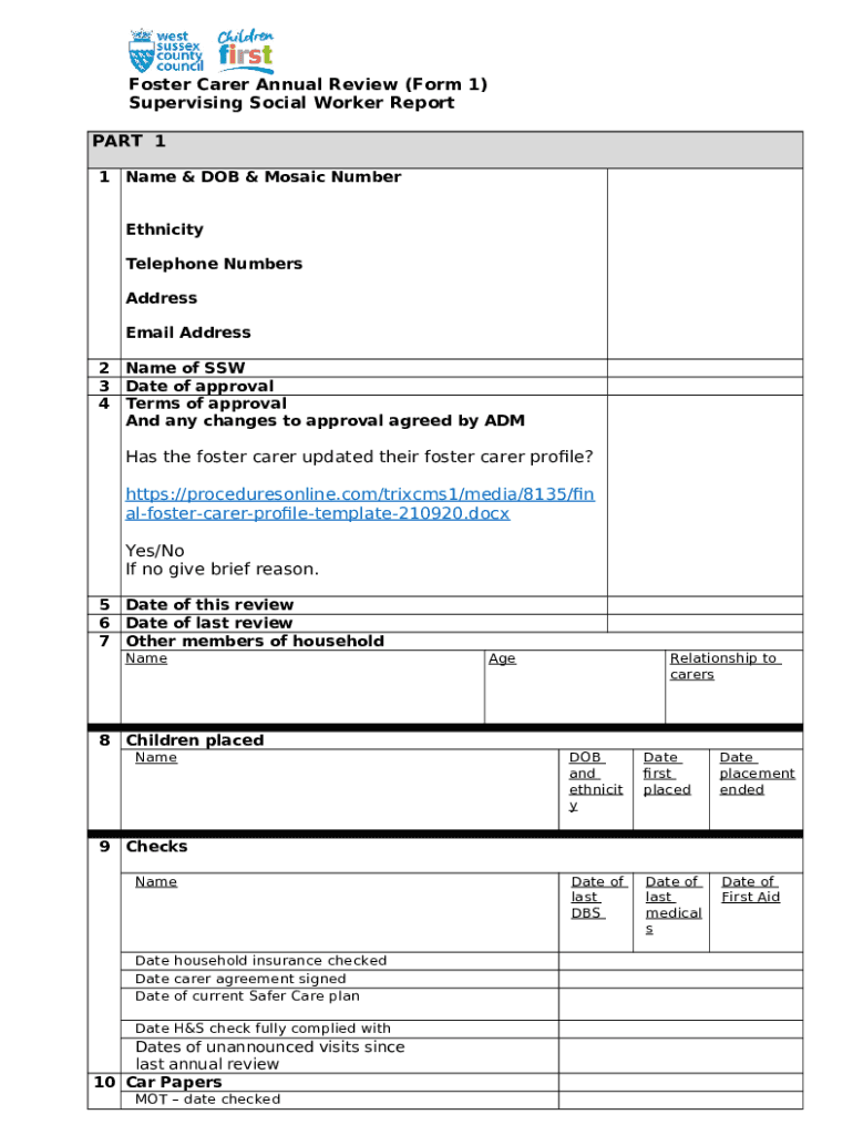 Foster Carer Annual Review Doc Template PdfFiller