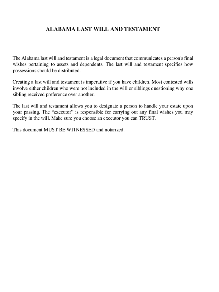 Fillable Online The Alabama last will and testament is a legal document ...