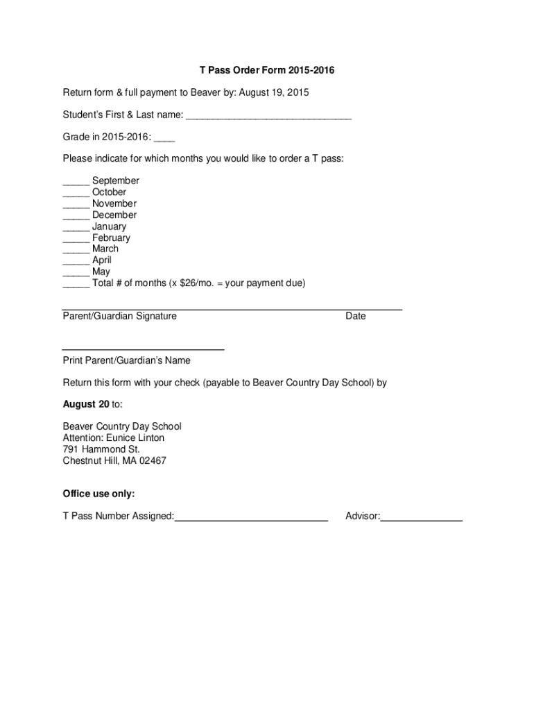 Fillable Online T Pass Order Form 2015-2016 Fax Email Print - pdfFiller
